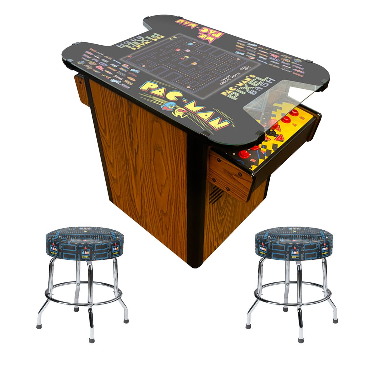 Namco Pac Man Pixel Bash Arcade Style Cocktail Table Game Woodgrain with 2 Pac Man Stools
