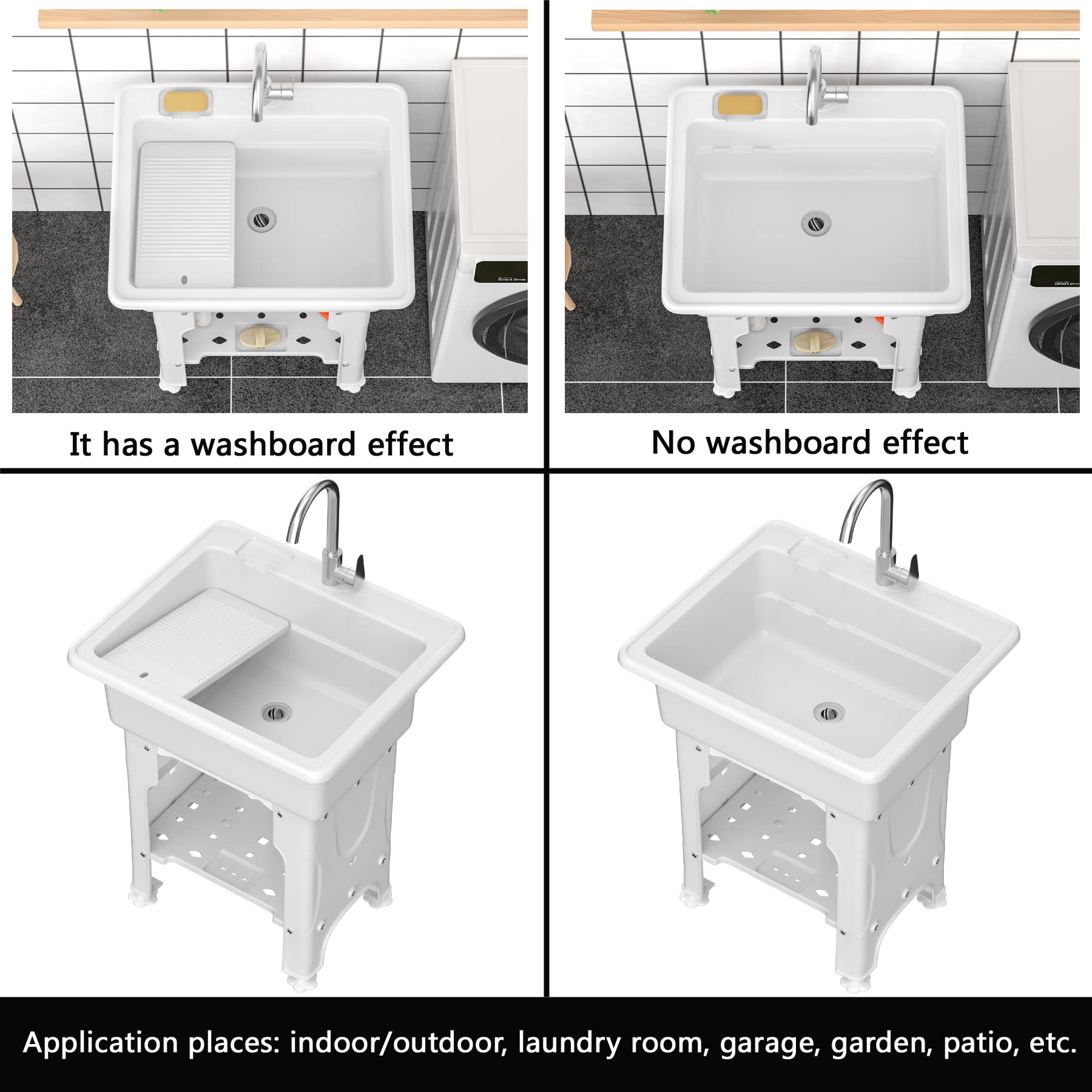 Freestanding Plastic Laundry Sink with Washboard, W25.4" x D22" x H31.5" Indoor and Outdoor Utility Sink with Cold and Hot Water Faucet, Hoses and Drain Kit for Laundry Room, Garage, Basement, Garden