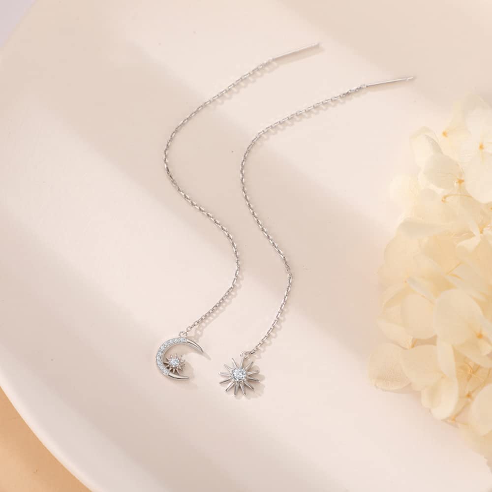 Crystal Crescent Moon Star Tassel Threader Chain Earrings S925 Sterling Silver Asymmetrical Dainty CZ Crystal Dangling Sun Long Chains Earring Jewelry for Women Girls (White Gold)
