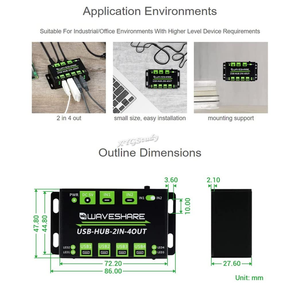 Industrial Grade USB HUB, Extending 4X USB 2.0 Ports, Switchable Dual Hosts @XYGStudy (USB-HUB-2IN-4OUT)