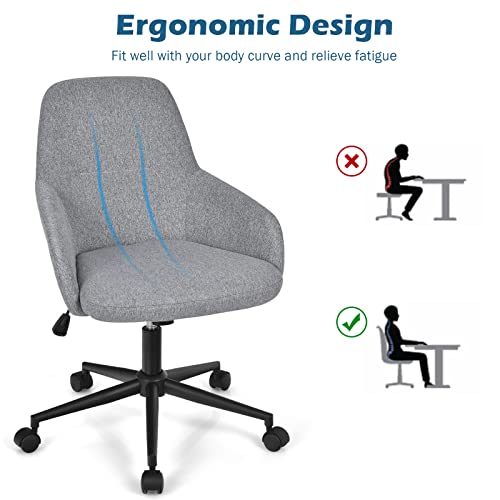 Giantex Fabric Office Chair, Upholstered Linen Leisure Chair, Ergonomic Desk Chair w/Rocking Backrest, Modern Vanity Chair, Swivel Adjustable Task Chair for Bedroom & Study (Grey)