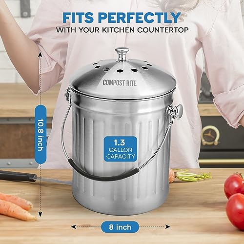 Compost Rite Stainless Steel Compost Bin for Kitchen - 1.3 Gallon, Indoor Countertop Compost Bin, Kitchen Compost Bucket with Lid & Carrying Handle, Odor-Free Compost Pail for Food Waste