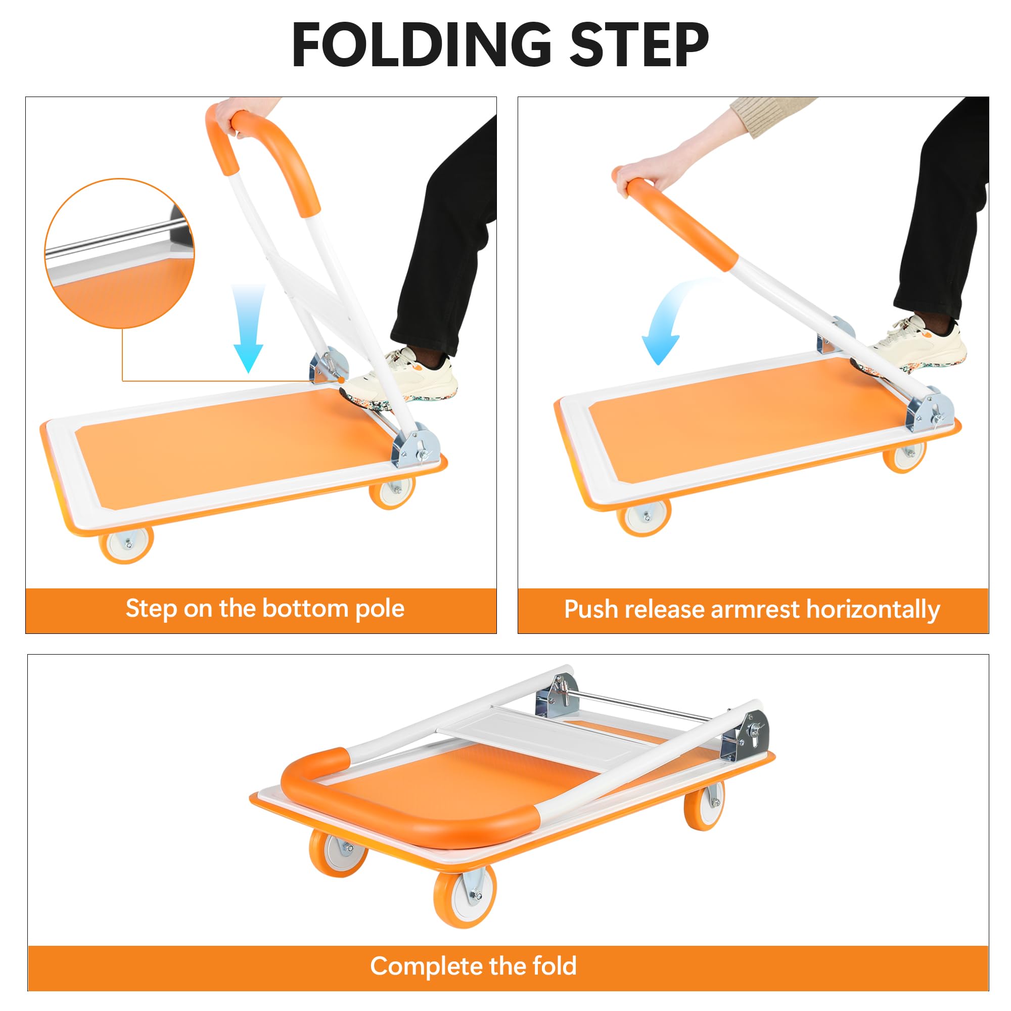 Foldable Push Cart Dolly, Moving Platform Hand Truck, Folding Moving Push Heavy Duty Rolling Cart with 330 lbs Weight Capacity (Orange)
