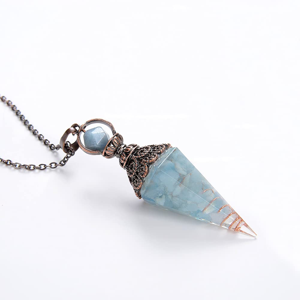 Domika 7 Chakra Healing Crystal Pendulums Necklace Dowsing Divination 6 Facted Hexagonal Pointed Cone Resin Stones Reiki Wicca Spritual Chakra Energy Pendant Necklaces (Aquamarine Stone)