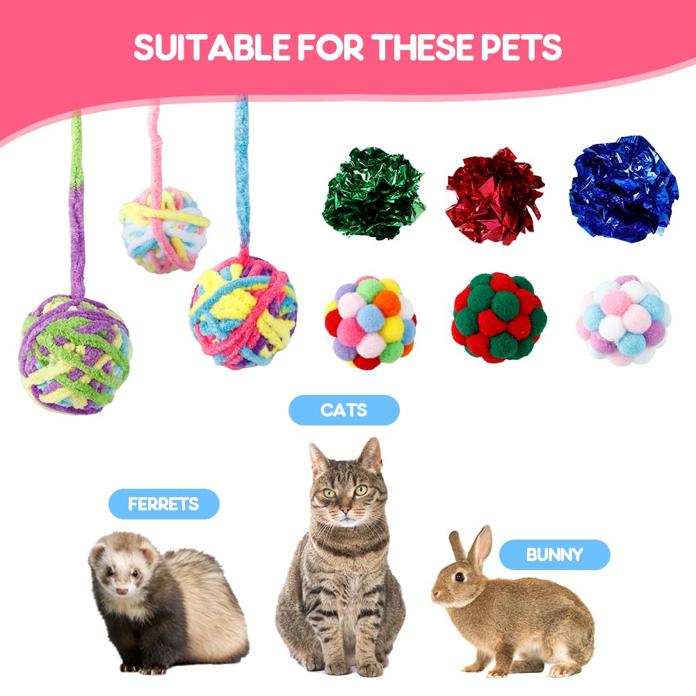 CheeFun Ferret Ball Interactive Toys: Woolen Yarn Chewing Kicker Toy Balls with Bell | Colorful Pompom Balls & Crinkle Balls for Ferret Cat Kitten