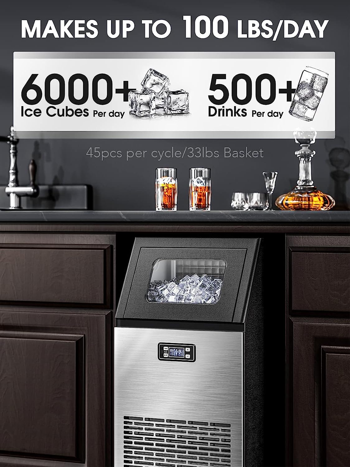 Joy Pebble Bullet Ice Makers Countertop, Portable Maker Machine with Self-Cleaning, 25lbs/24Hrs, 6 Mins/9 Pcs Bullet Ice,2 Sizes(S/L), Scoop and Basket, Handheld for Kitchen/Home/Party