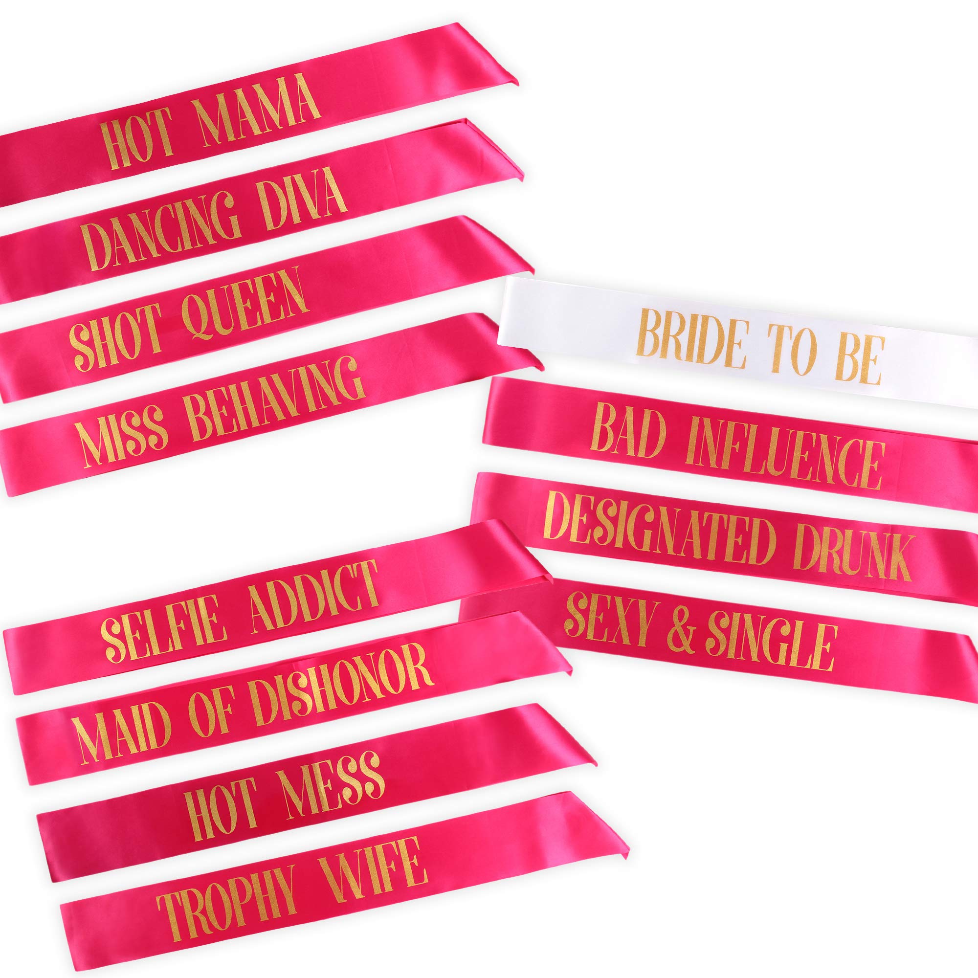 Pop Fizz Designs Bachelorette Sash Set (12 pcs) 1 White Bride to Be Sash + 1 Maid of Honor Sash + 10 Bachelorette Sashes for The Bride Tribe - Amazing Bachelorette Party Favors