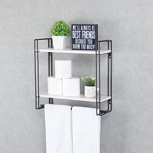Industrial Bathroom Shelves with Towel Bar,24 inch Rustic Racks for Bathroom,2 Layers Farmhouse Rack Over Toilet,Pipe Wall Mounted,Home Decor Floating Holder (White)