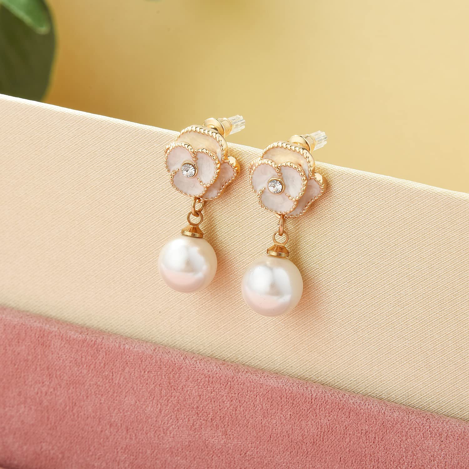 Designer Faux Imitation Pearl Floral charm Dangle Drop Fashion Earrings Studs (White)