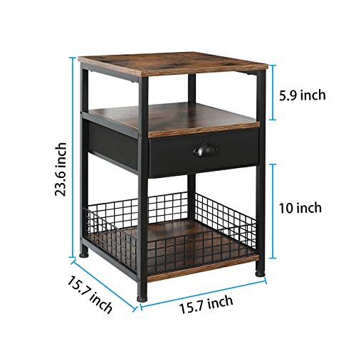 Industrial Nightstand, Bedside Table End Table with Storage Drawer, Open Wood Shelf, 16βx 16β Side Table with Adjustable Feet, for Bedside Sofa Couch, Living Room, Bedroom, Black and Brown