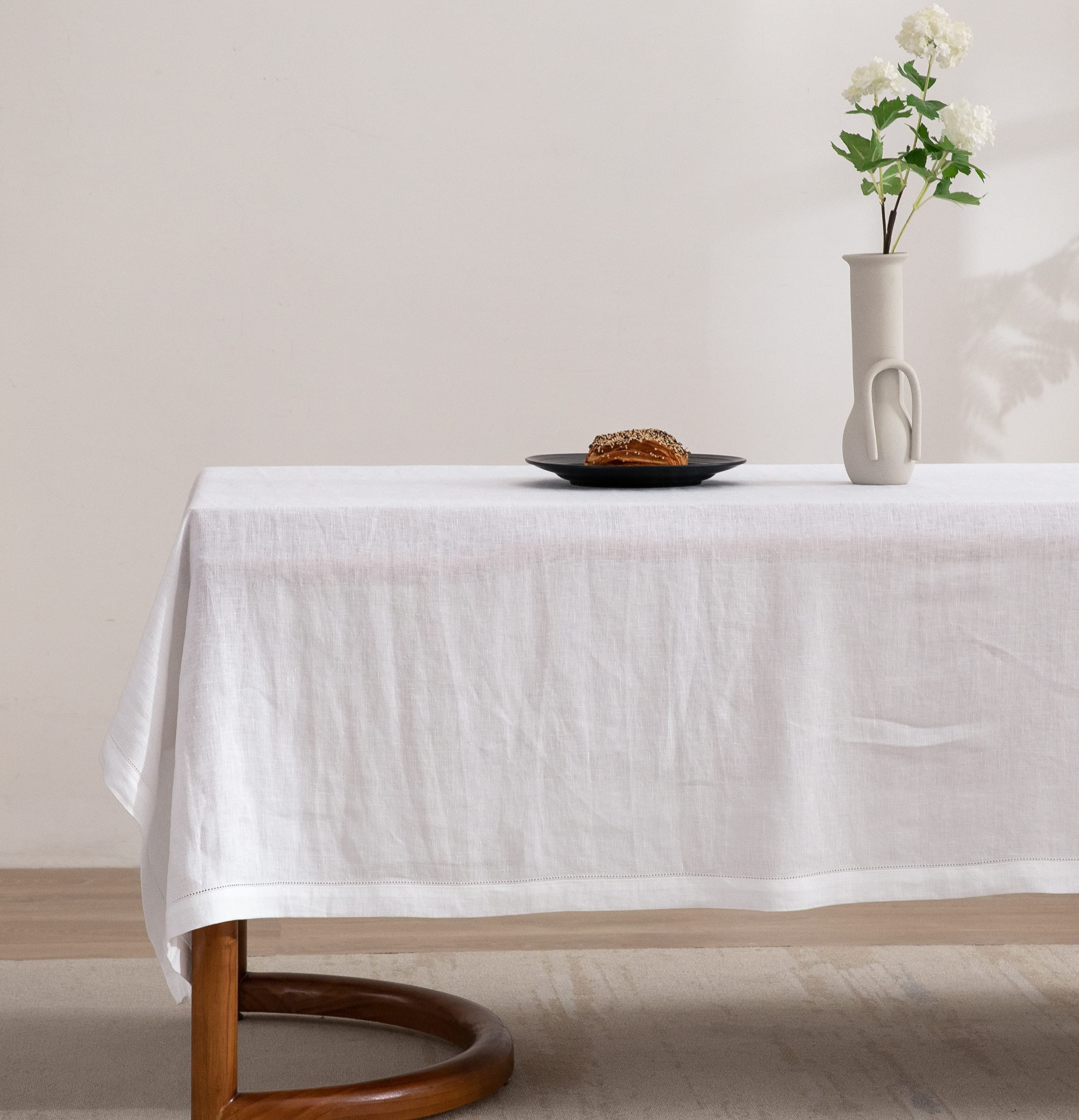 EVERLY Pure Linen Hemstitch Tablecloth,100% Stonewashed French Linen tablecloths for Kitchen Dining Rectangle Tables,60x108Inch Machine Washable Christmas Thanksgiving Organic Tablecloth-White