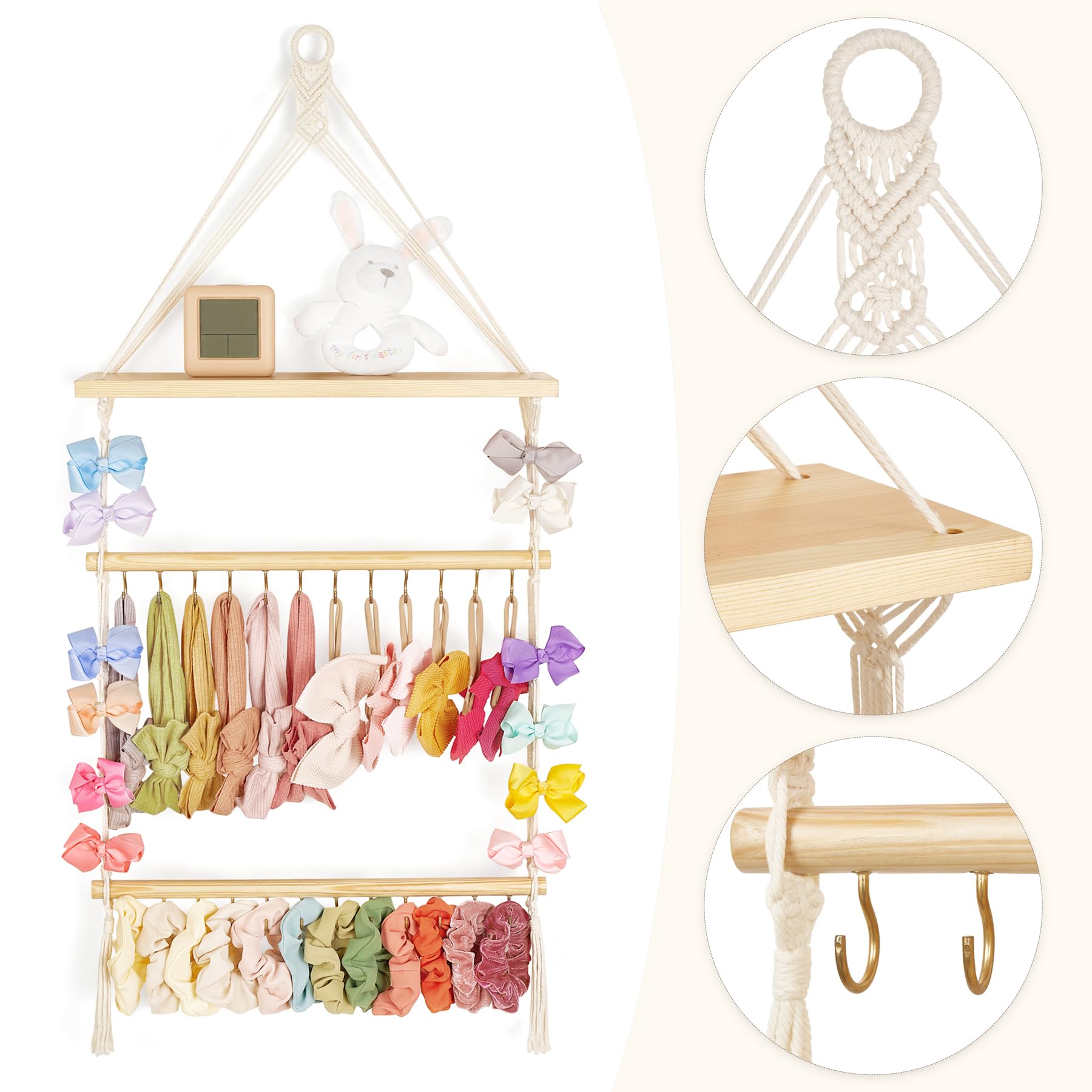 Dahey Macrame Decorative Storage Basket and Headband Holder Bow Organizer for Girls Hair Bows with Wood Shelf, Boho Nursery Decor for Living Room,Bedroom