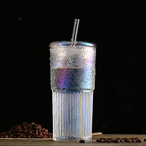 QWEZXO High Borosilicate Glass Cups With Lids and Glass Straws,20 OZ Rainbow Iced Coffee Water Tumbler Smoothie