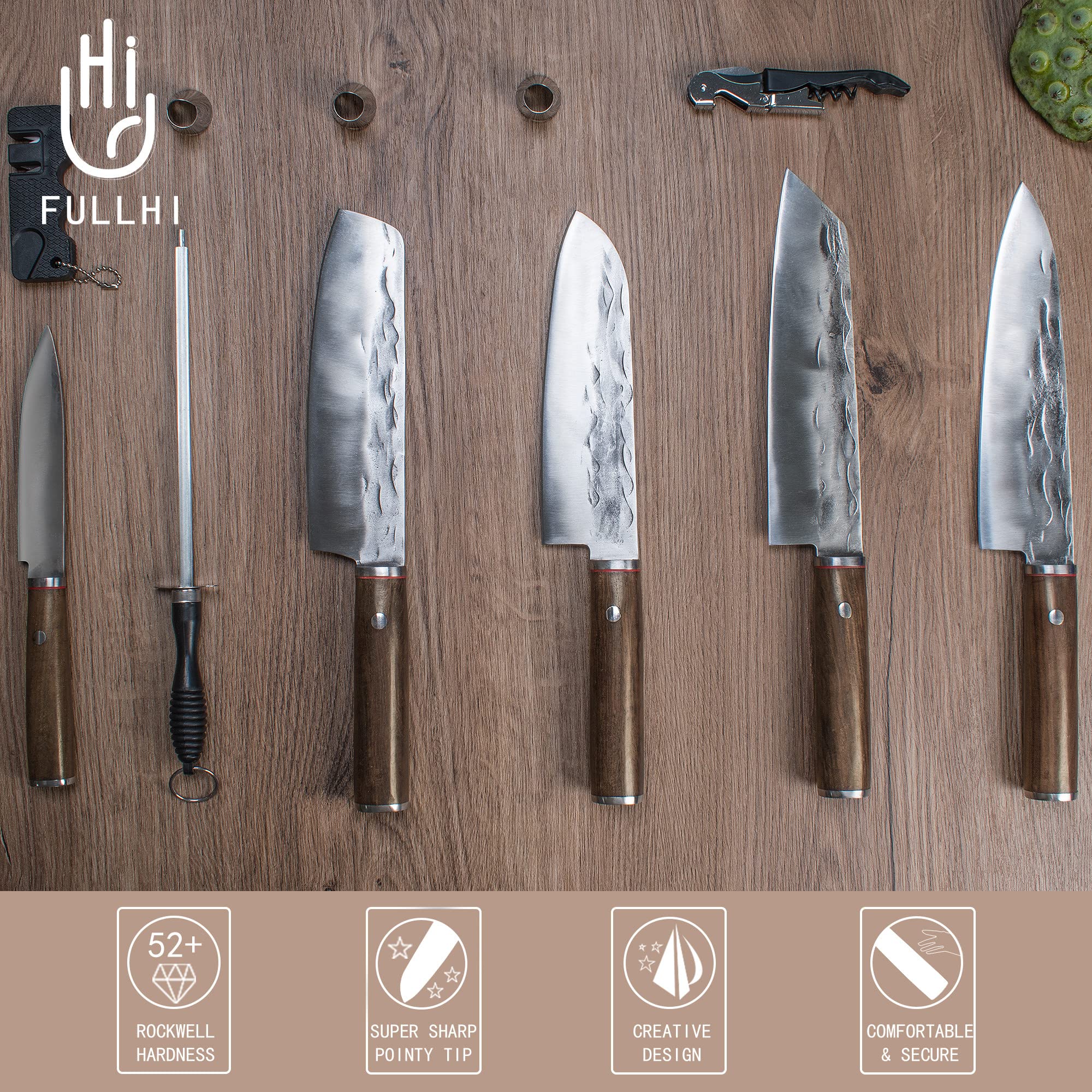 FULLHI 11pcs hand forged Chef Knife Set High Carbon Steel Cleaver Kitchen Knife Vegetable Cleaver Home BBQ Camping with Knife Bag