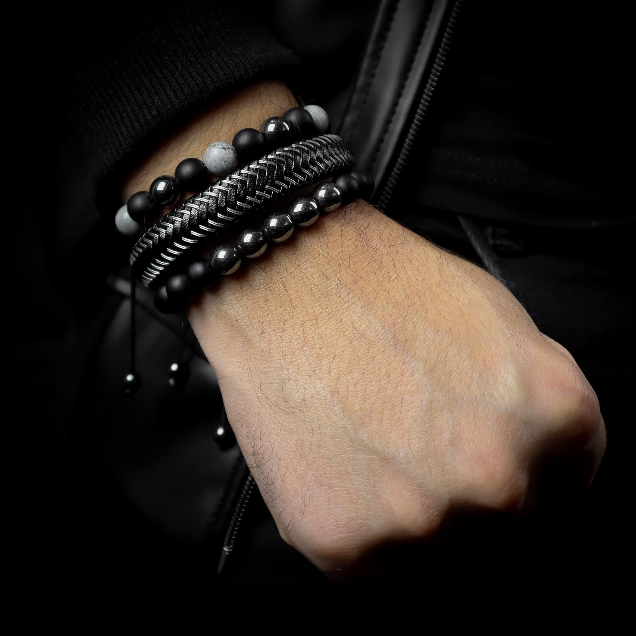 CG85 Genuine black leather bracelet with silver stainless steel thread and black steel clasp, plus 2 handwoven stone beads bracelets (3 pieces)
