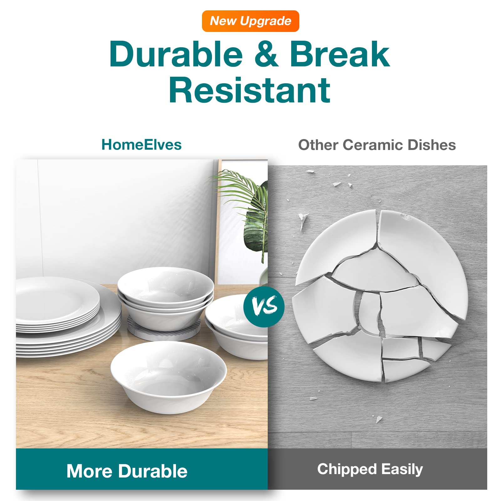 Dinnerware Set, HomeElves Square 18-PCS Kitchen Opal Dishes Set Service for 6, Lightweight Glass Plates and Bowls Set, Break and Chip Resistant, Safety for Microwave & Dishwasher