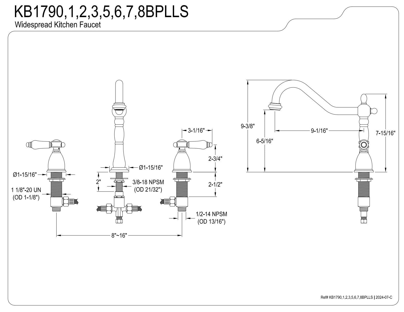 Kingston Brass KB1791BPLLS Bel Air 8 inch To 16 inch Widespread Kitchen Faucet Less Sprayer, 8-1/4 inch In Spout Reach, Chrome