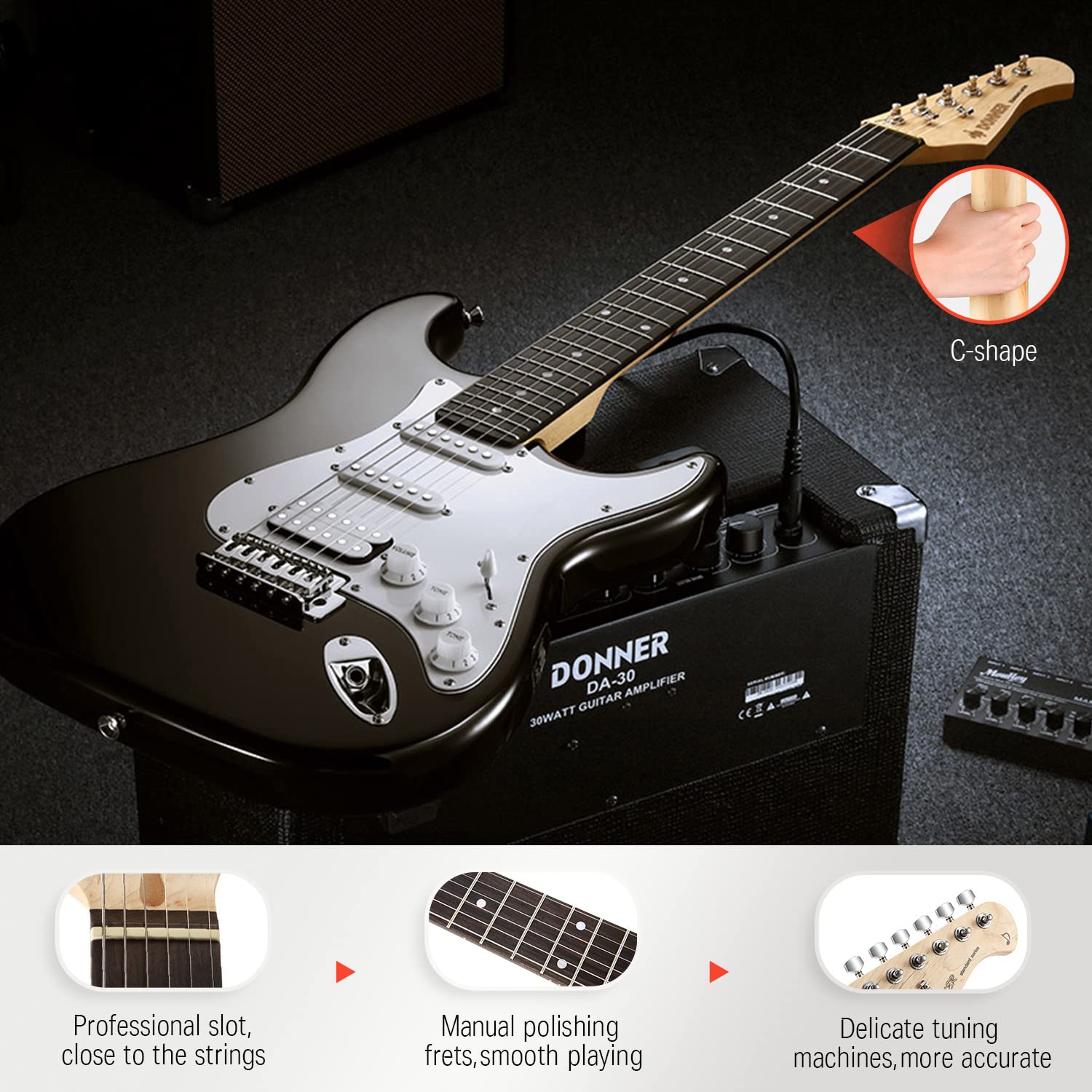 Donner DST-100B 39 Inch Electric Guitar Beginner Kit + Guitar Cable 10 ft Black White