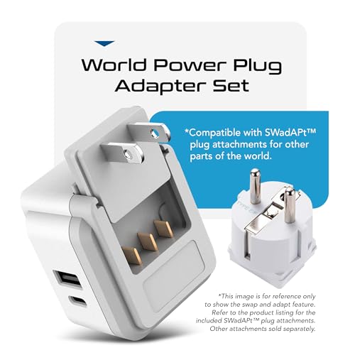 Ceptics World Power Plug Adapter Set, Dual USB & USB-C 3.1A, 20W with QC-PD, 2 USA Outlet Compact & Powerful, Use In Europe, Asia, Australia, Japan, Includes Type A, B, C, E/F, G, I SWadAPt Attachment