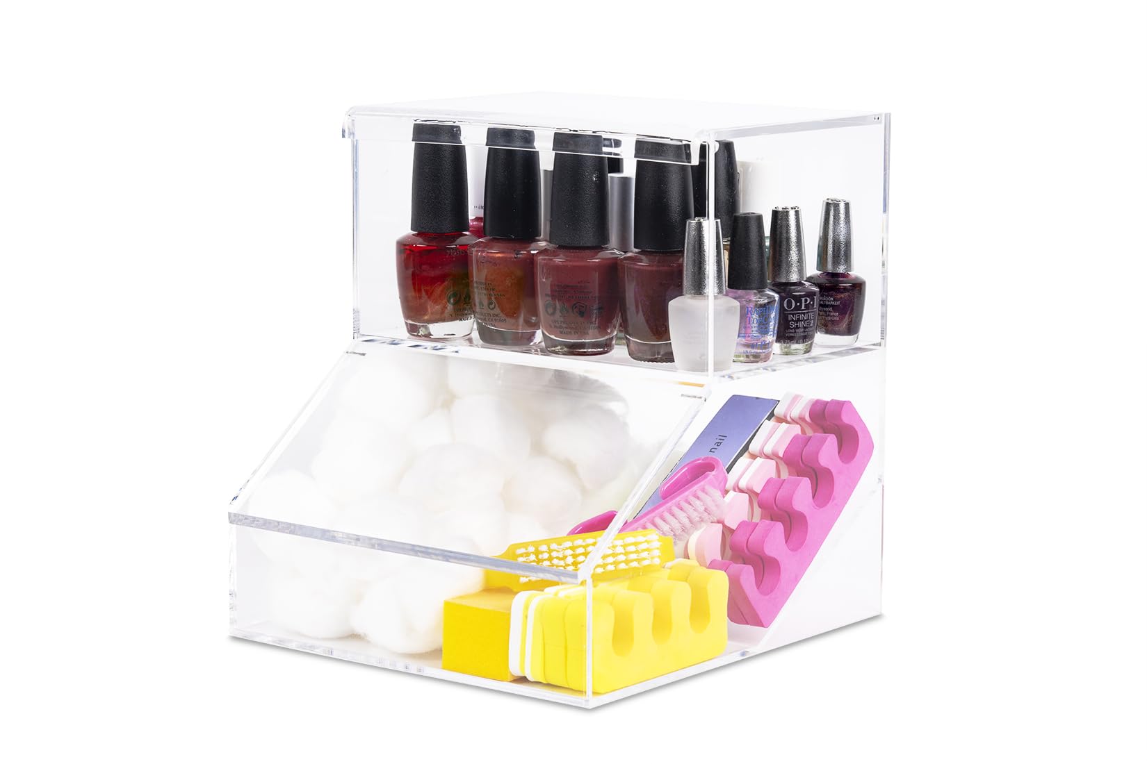 Inevibe Hair Tie Holder & Bows Organizer - 2 Compartment Acrylic Container w/Lids for Storing Bracelets, Headbands, Claw Clips & Accessories for Bathroom & Countertop Display