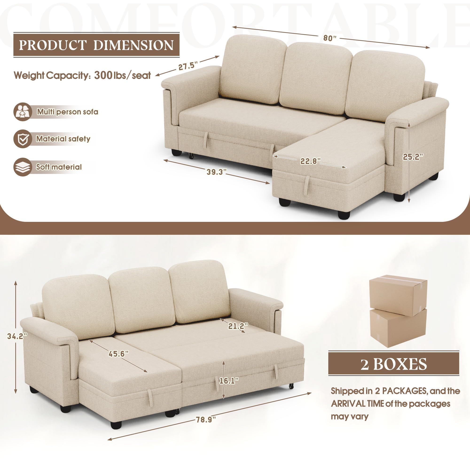 Furmax Sofa Bed Pull Out Couch with Side Storage Pockets L-Shaped Sleeper Sofa with Storage Chaise Sectional Couches for Living Room, Small Apartments (Linen, Beige)