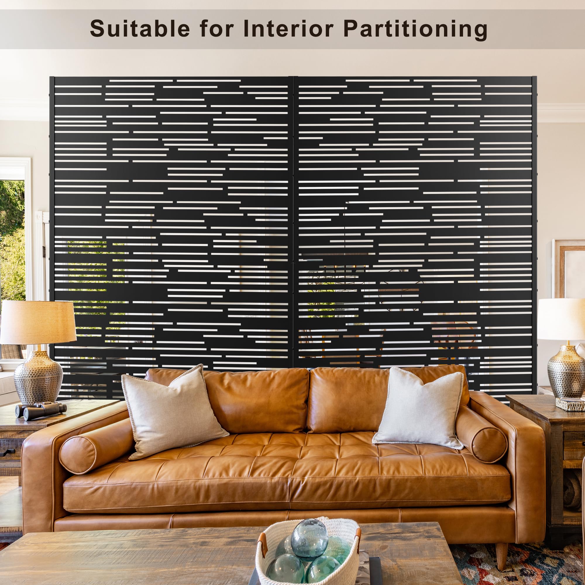 Elevens Metal Outdoor Privacy Screen, Freestanding Outdoor Divider Decorative Privacy Fence Screen,Outdoor Decorative Privacy Screens & Panels, 72" H×47" W (Black-Lines)