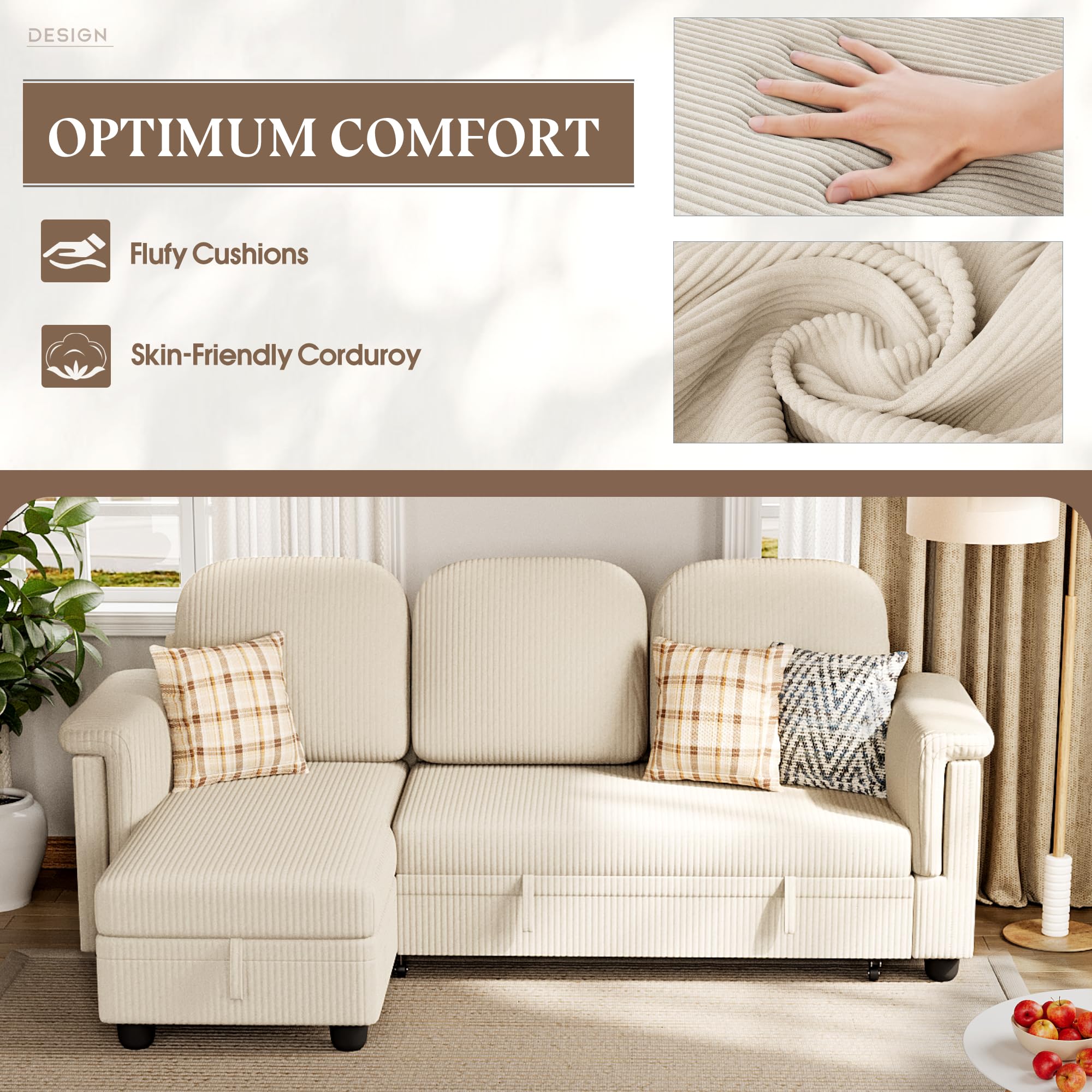 Furmax Sofa Bed Pull Out Couch with Side Storage Pockets L-Shaped Sleeper Sofa with Storage Chaise Sectional Couches for Living Room, Small Apartments (Corduroy, Beige)