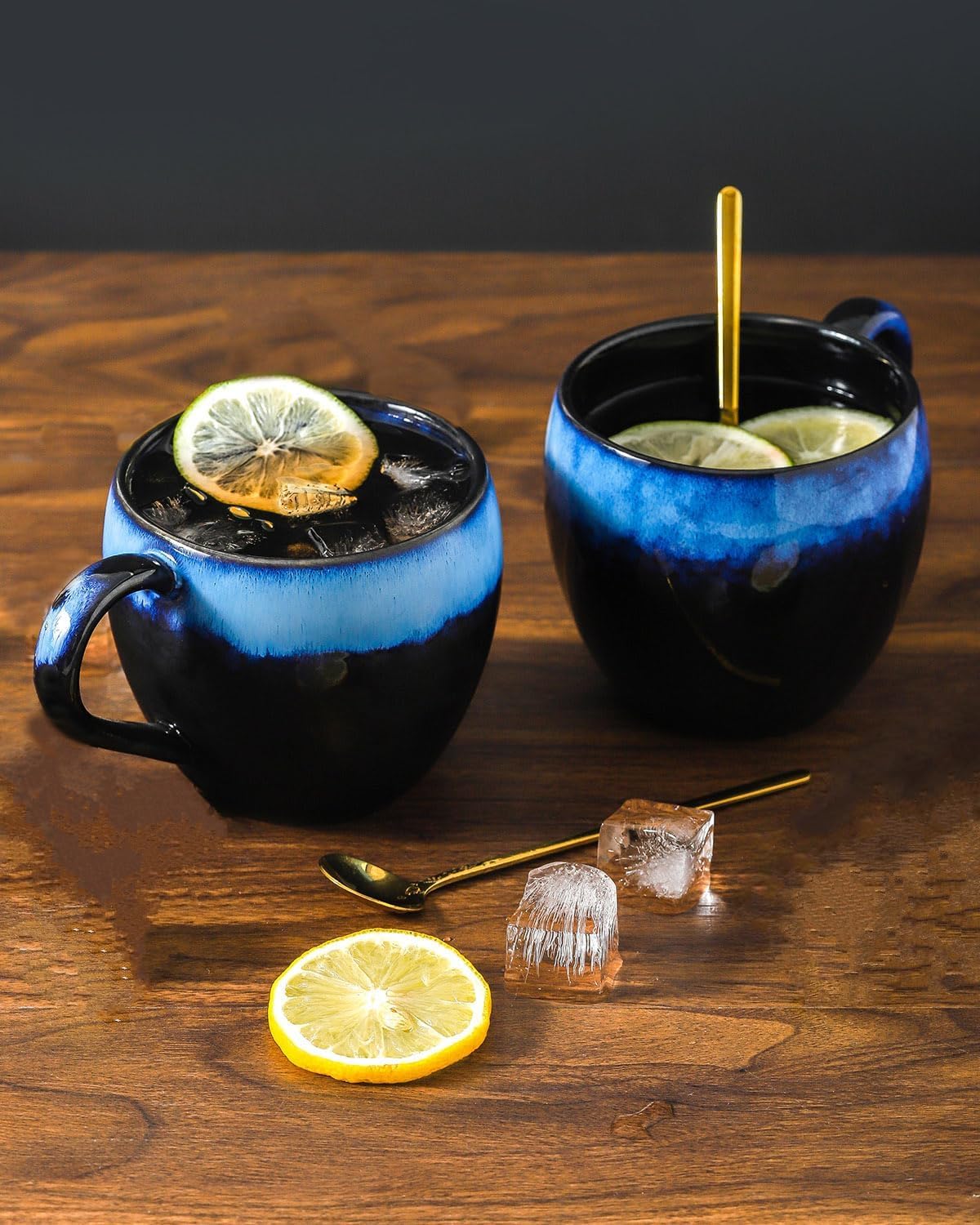 glowworm 16 oz Coffee Mugs, Ceramic Coffee Cups with Spoon, Large Coffee Mugs for Men/Women, Coffee Cups for Latte, Cocoa, Office, Home, Microwave & Dishwasher Safe, Set of 2, Black