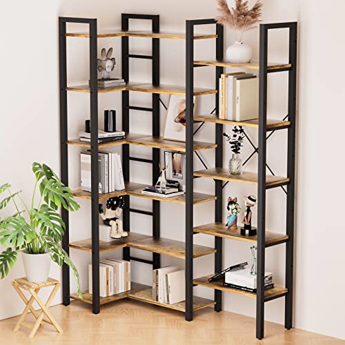 oneinmil Triple Wide 6-Shelf Bookcase Industrial Vintage Wood Style Large Open Bookshelves for Home&Office, Rustic Brown (6 Tier, Rustic Brown)