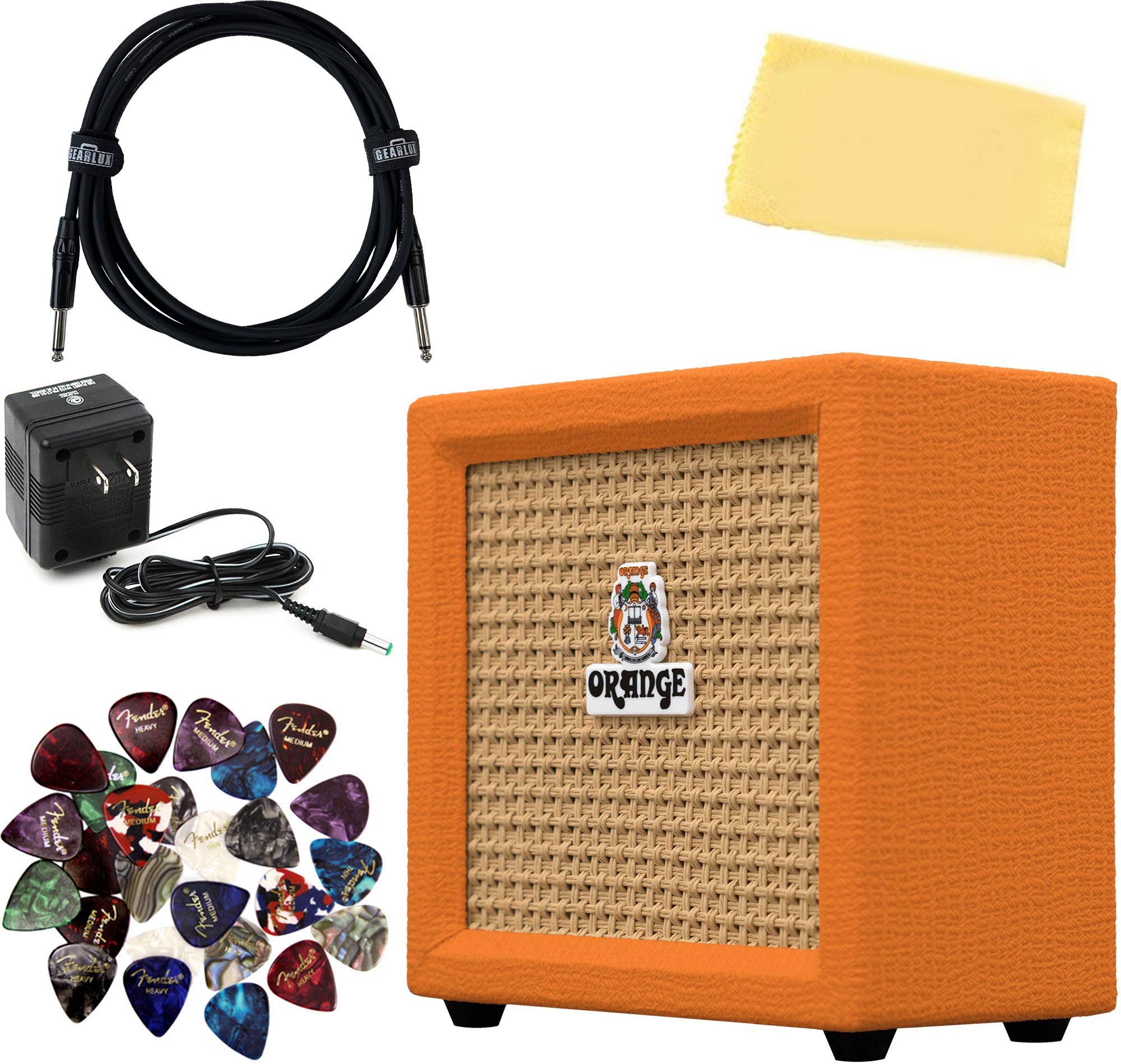 Orange Crush Mini Guitar Combo Amplifier Bundle with Power Supply, Instrument Cable, 24 Picks, and Austin Bazaar Polishing Cloth