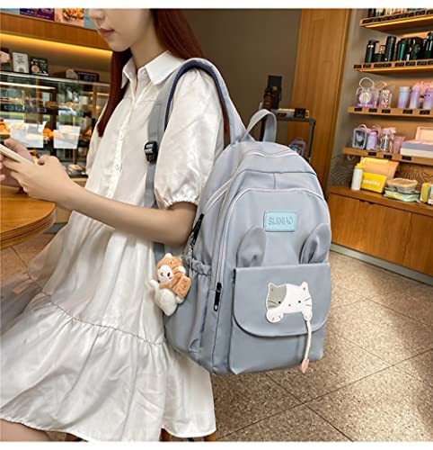 JHTPSLR Kawaii Backpack Japanese Cute Cat School Backpack with Plushies Aesthetic Backpack for Teen Girls Back to School Supplies (Blue)