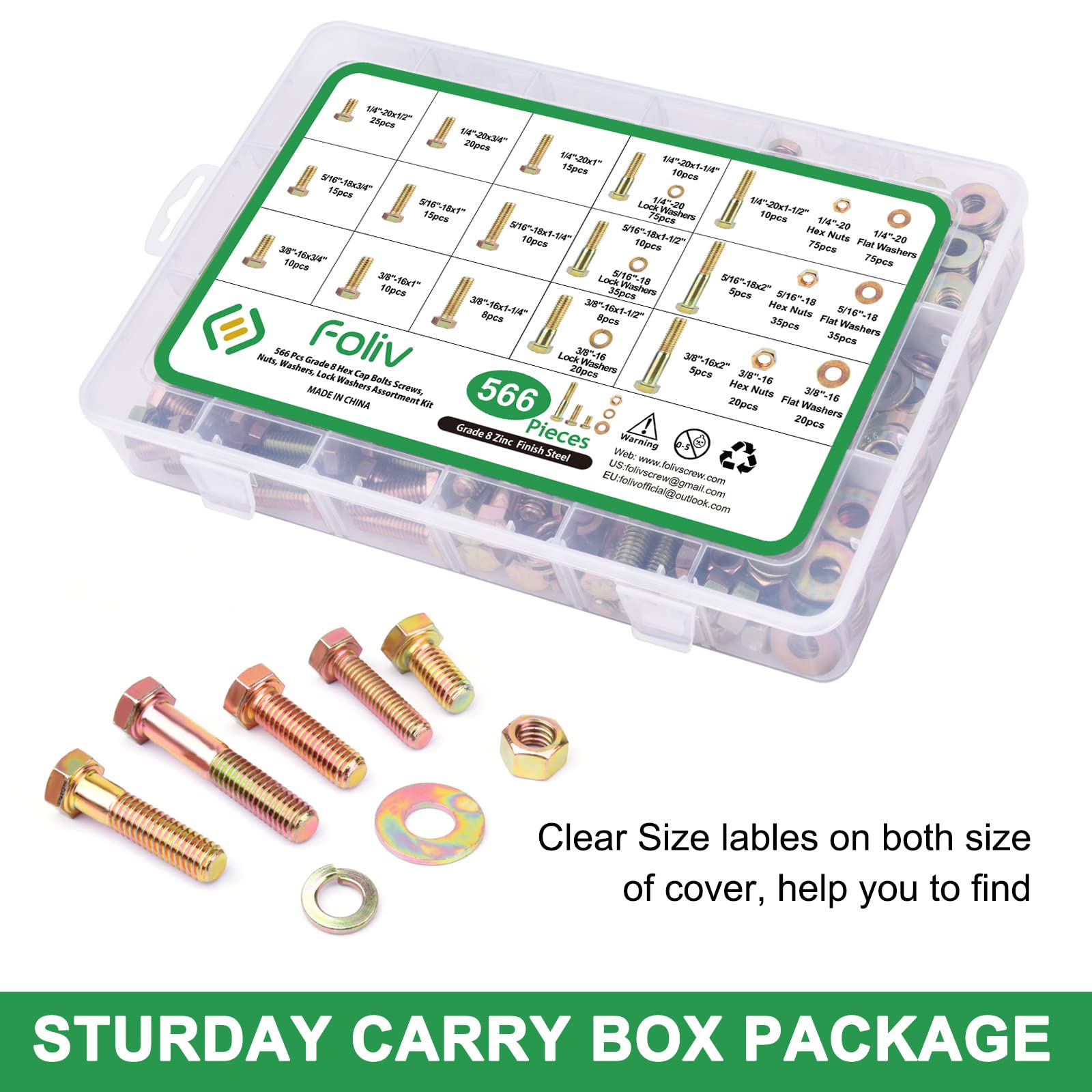 FOLIV 566Pcs Heavy Duty Bolts and Nuts Assortment Kit, Grade 8 Hex Screws Bolts Nuts Kit, 1/4-20 5/16-18 3/8-16, 15 Common Sizes Included