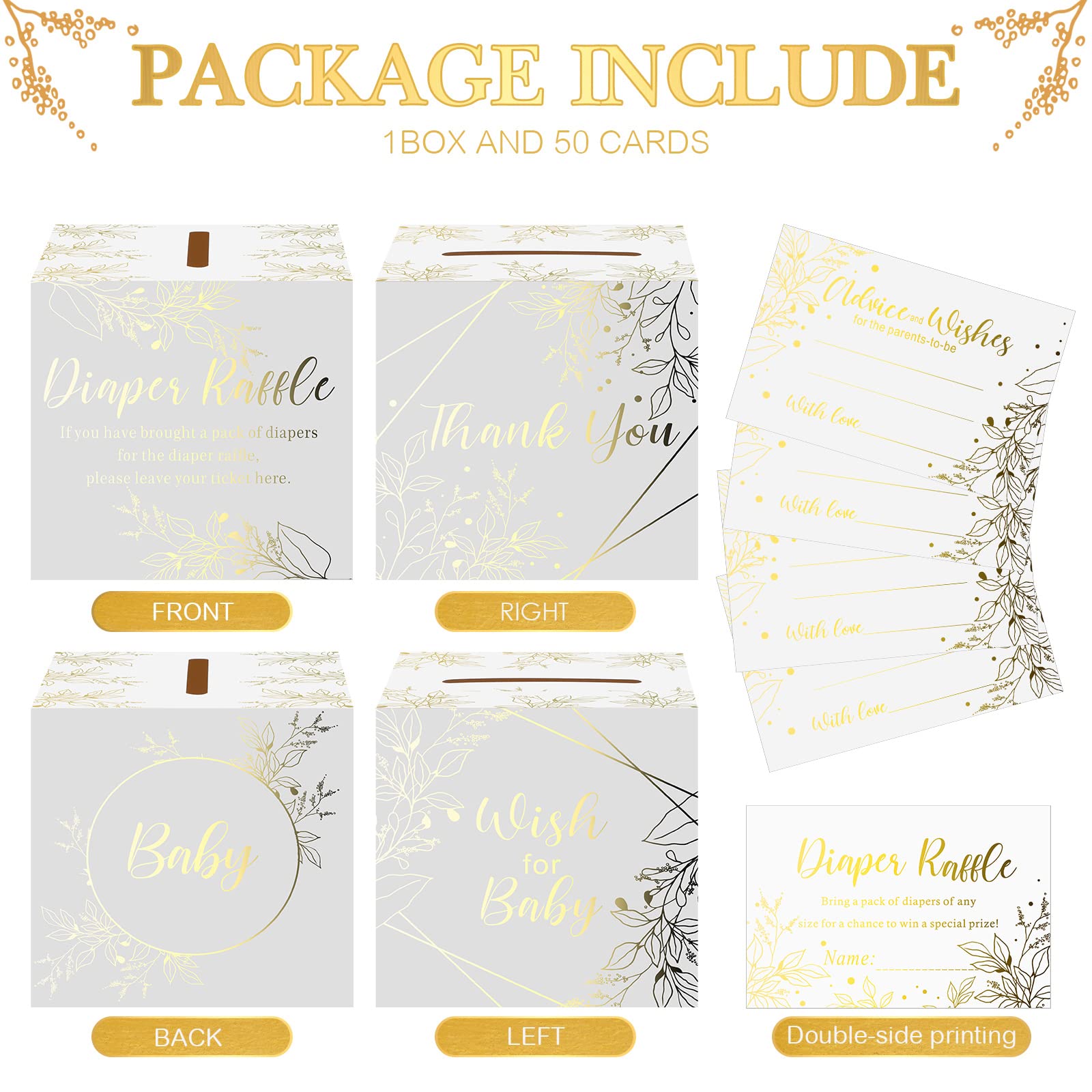 Funrous 51 Pcs Diaper Raffle Tickets with Holder White and Gold Themed Card Box for Baby Shower Party Game Kit Supplies