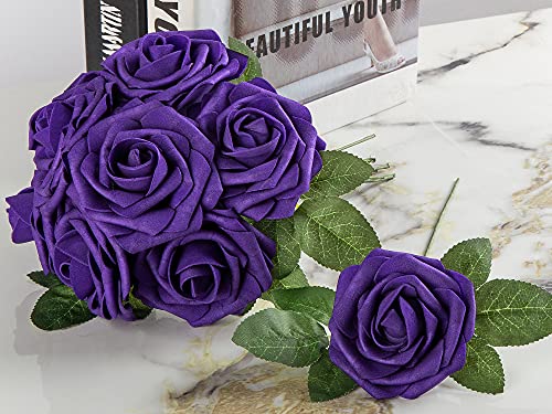 Lansdowns Artificial Flower Foam Rose 25pcs Real Looking Fake Rose with Stems Leaves for Home Decoration Party Garden Centerpieces DIY Wedding Bouquets(Purple)