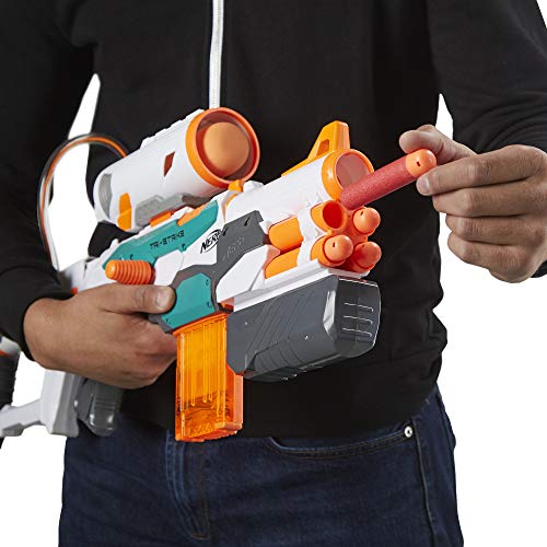 Nerf Modulus Tri-Strike Blaster, Mega Barrel, Rocket Launcher, Clip, 10 Elite Darts, 4 Mega Darts, 1 Rocket, Kids Outdoor Games (Amazon Exclusive)