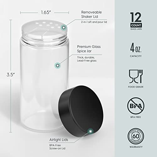 Tafts ROUND Glass Spice Jars & Bottles l 33% Thicker - 12 Pcs Glass Spice - 3 oz or 4oz Empty Glass Spice Seasoning Containers l Shaker Lids and Airtight Caps l Aluminum Finish (Round, Black)