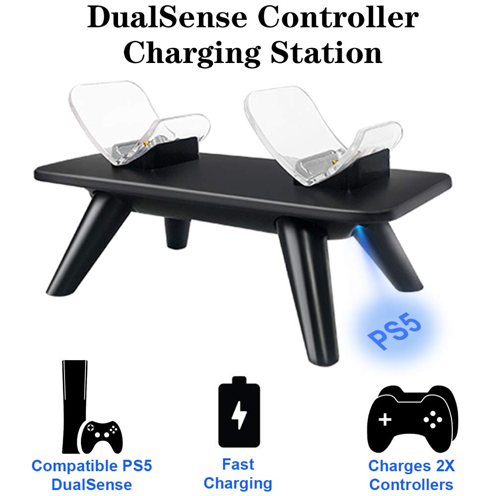 Controller Charger for PS5, Click in Fast Dual Charge Station Stand Dock with Fashion Blue LED Projection Light for Playstation 5 Controllers