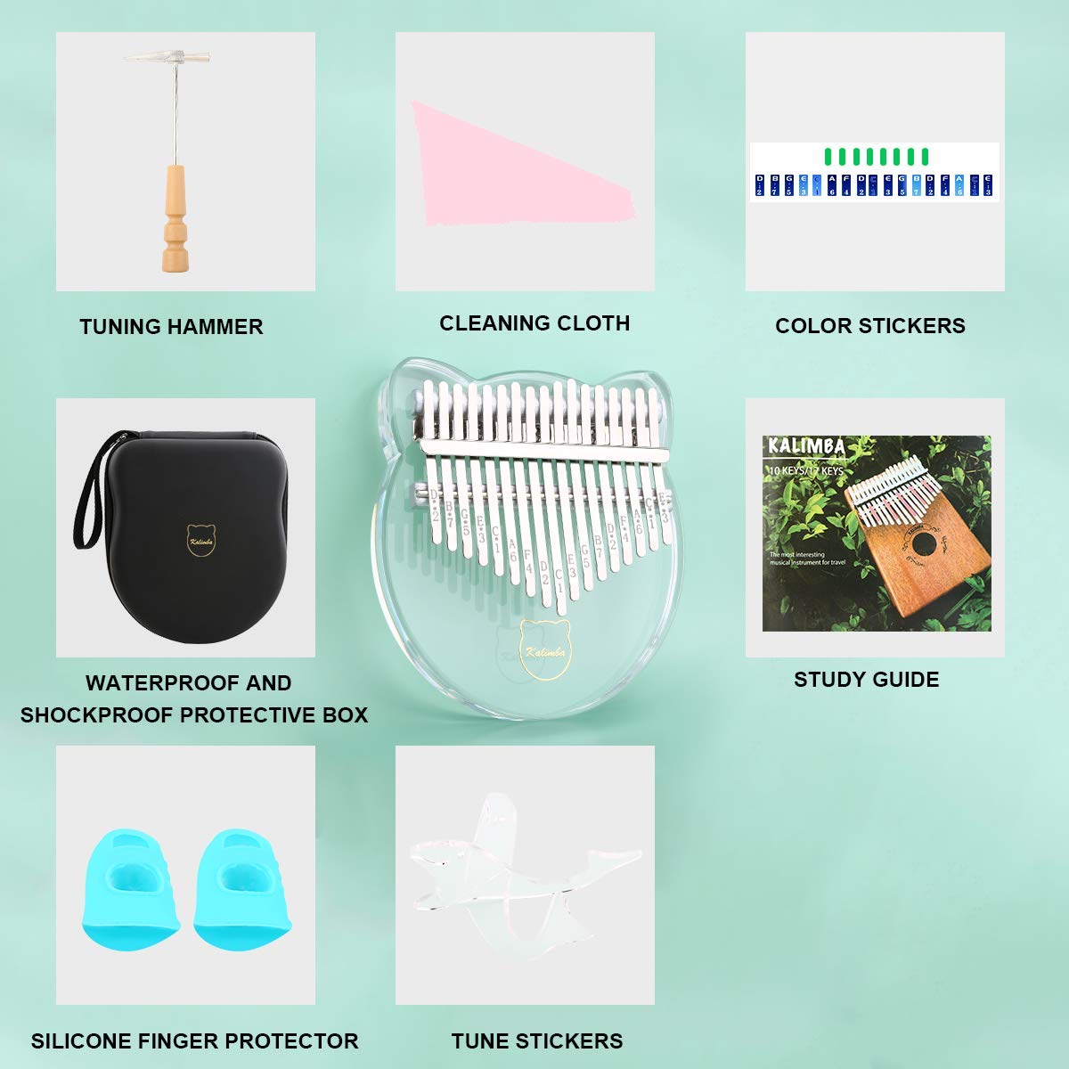 YAEL Kalimba 17 Keys Transparent Acrylic Panda Thumb Piano Note Carved Starter Finger Piano with Kalimba Case Tune Hammer Study Booklet Stickers