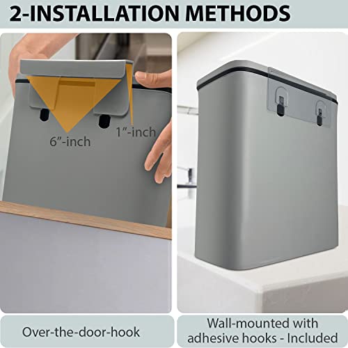 KSEV 2.6 Gallon Kitchen Hanging Trash Bin with Lid and Trash Bag Compartment, (2 Way Slide Open) Mountable Garbage Compost Can for Counter Top, Under Sink, Cabinet Door, Bathroom, RV, Pontoon (Gray)
