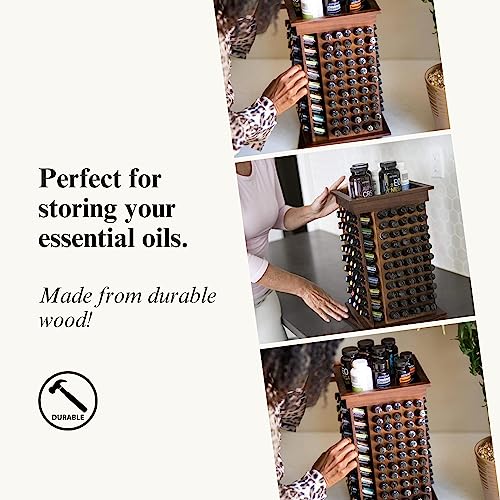 Oil Life - Premium Rotating Wooden Essential Oil Rack with Drawer | Aromatherapy Storage Solution for 182 Bottles | Display Holder for All 15ml Essential Oil Brands (Bottom Drawer Included)