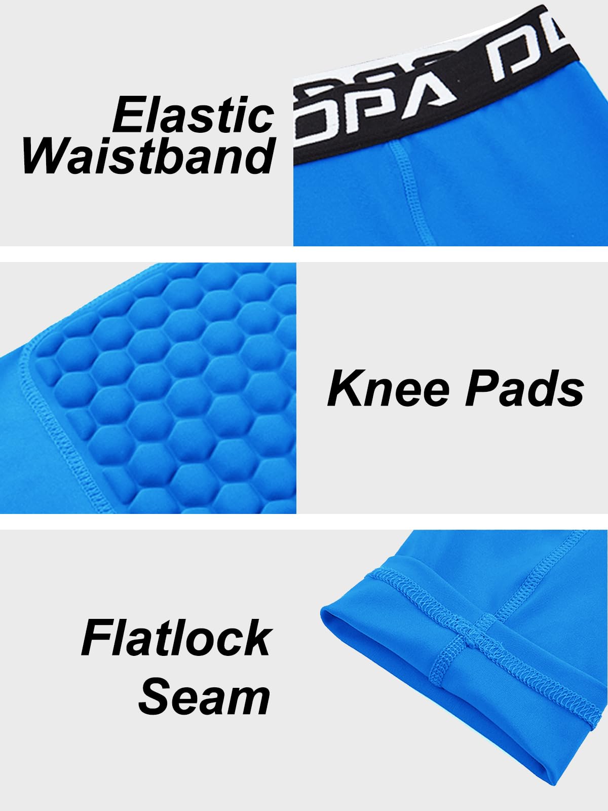 DEVOROPA Youth Boys' Compression Pants with Knee Pads 3/4 Basketball Athletic Tights Quick Dry Sports Workout Leggings Royal L