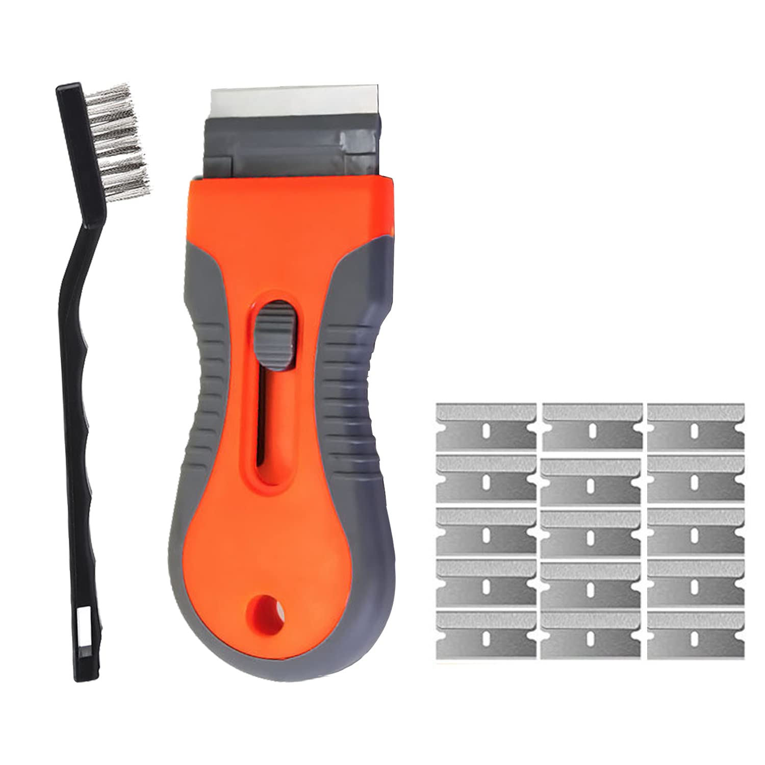 GNAWRISHING Razor Blade Scrape with 15pcs Extra Blades and Stainless Brush, Paint Stripping Tool for Removing Decals, Labels, Stickers (Orange)