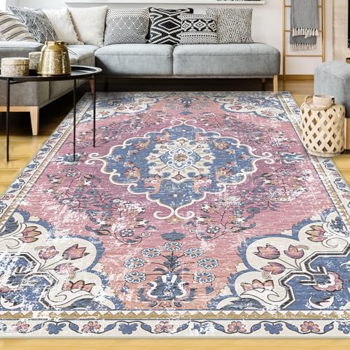 HDFK Fuchsia Area Rug Boho, Vintage Oriental Carpet 5x7 Purple Red Large Colorful Aesthetic Bohemian Floor Non Slip Machine Washable for Kitchen Living Room Bedroom Dining Room Dorm Indoor Classroom