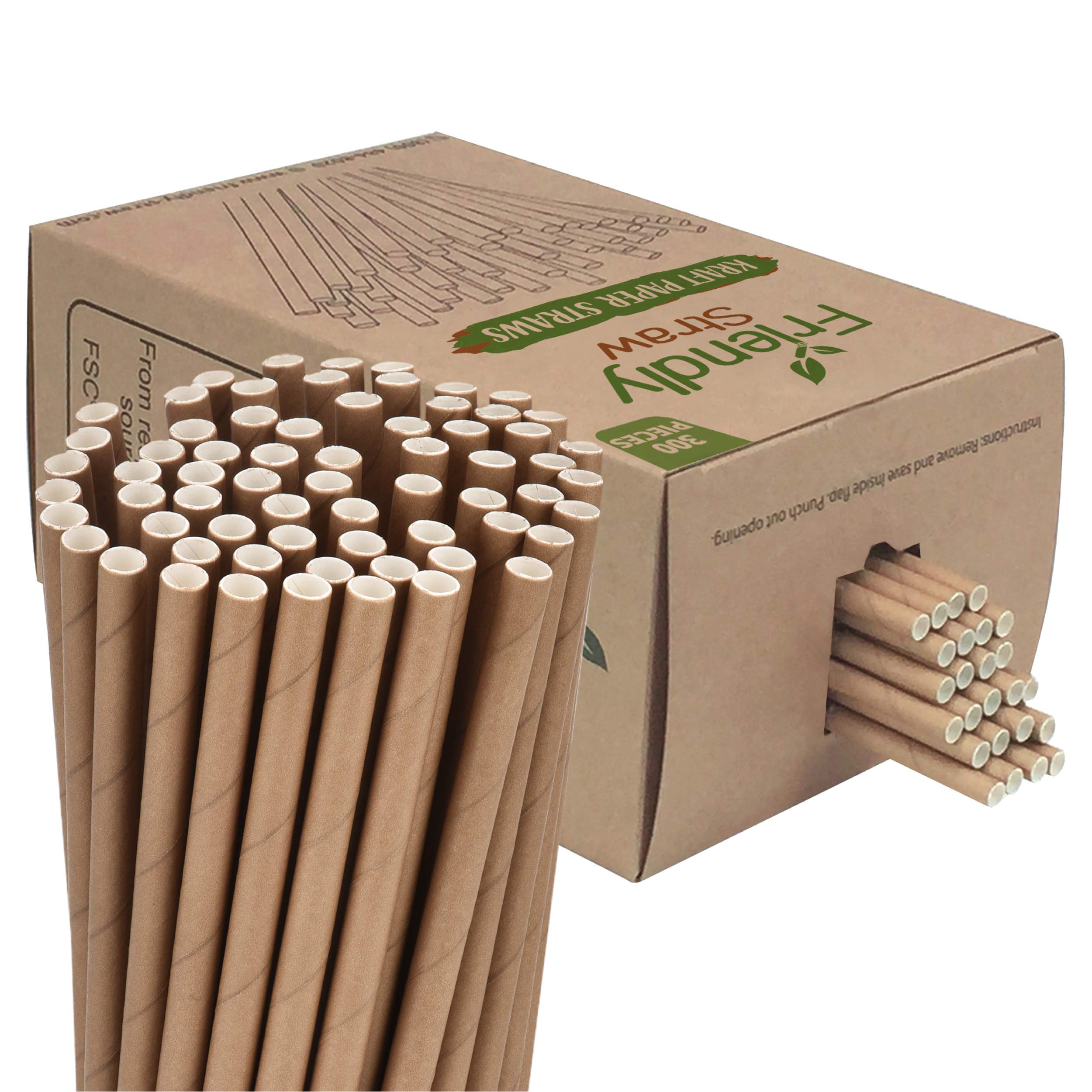 Friendly Straw 300 Pack Biodegradable Kraft Paper Straws, 7.75" x .25" Drinking Paper Straw Bulk Pack