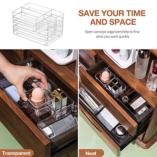 KPX 16pcs Makeup Drawer Organizer Set, Clear Plastic Desk Drawer Dividers, 5-Size Vanity Cosmetic Trays with Non-Slip Pads, Storage Bins for Kitchen Utensil,Jewelries and Office Accessories (16)