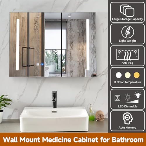 Fitsai Bathroom Medicine Cabinet with Light,LED 2-Door Bathroom Mirror Cabinet,31.5 x 23.6 Inch,with Defogger,Dimmer,Surface Mount,Black
