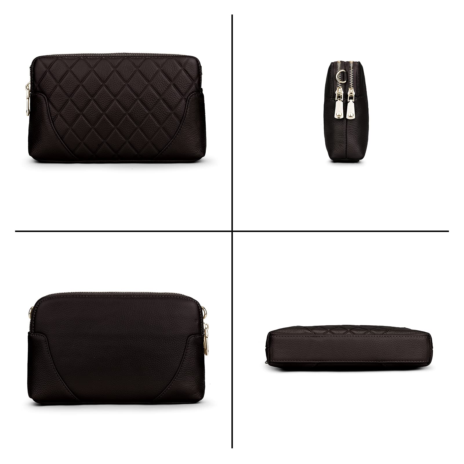 YALUXE Womens Wristlet Real Leather Quilted double zippers Large Clutch Wallet Shoulder Strap