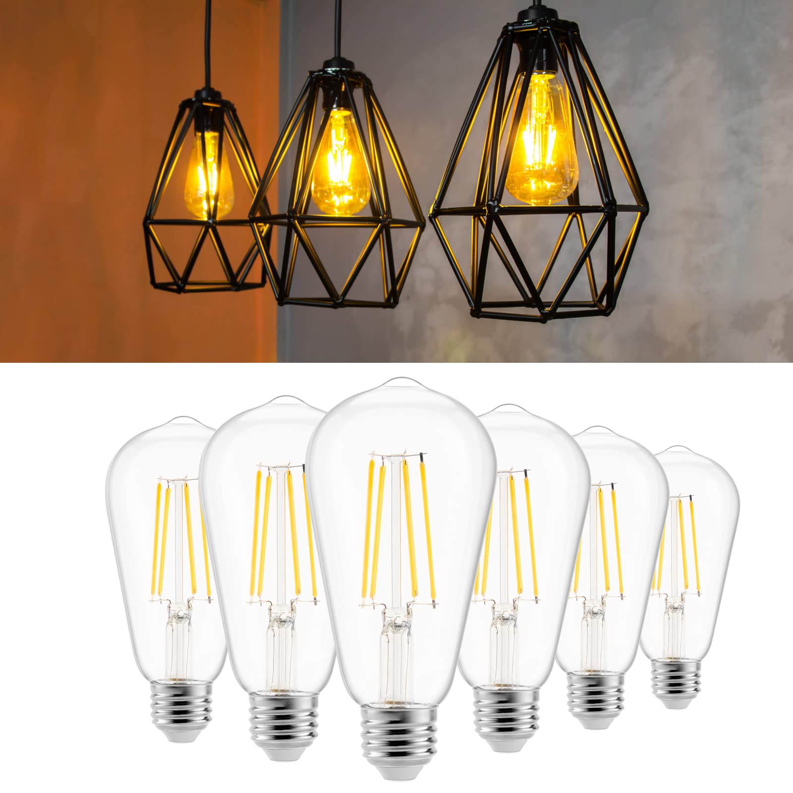 CRIRY Vintage E26 LED Light Bulbs Dimmable Edison Light Bulbs Vintage Edison Bulbs 60 W Equivalent,6W ST64/ST21 2700K Warm White Antique LED Filament Bulbs 800LM LED Bulbs,6 Packs