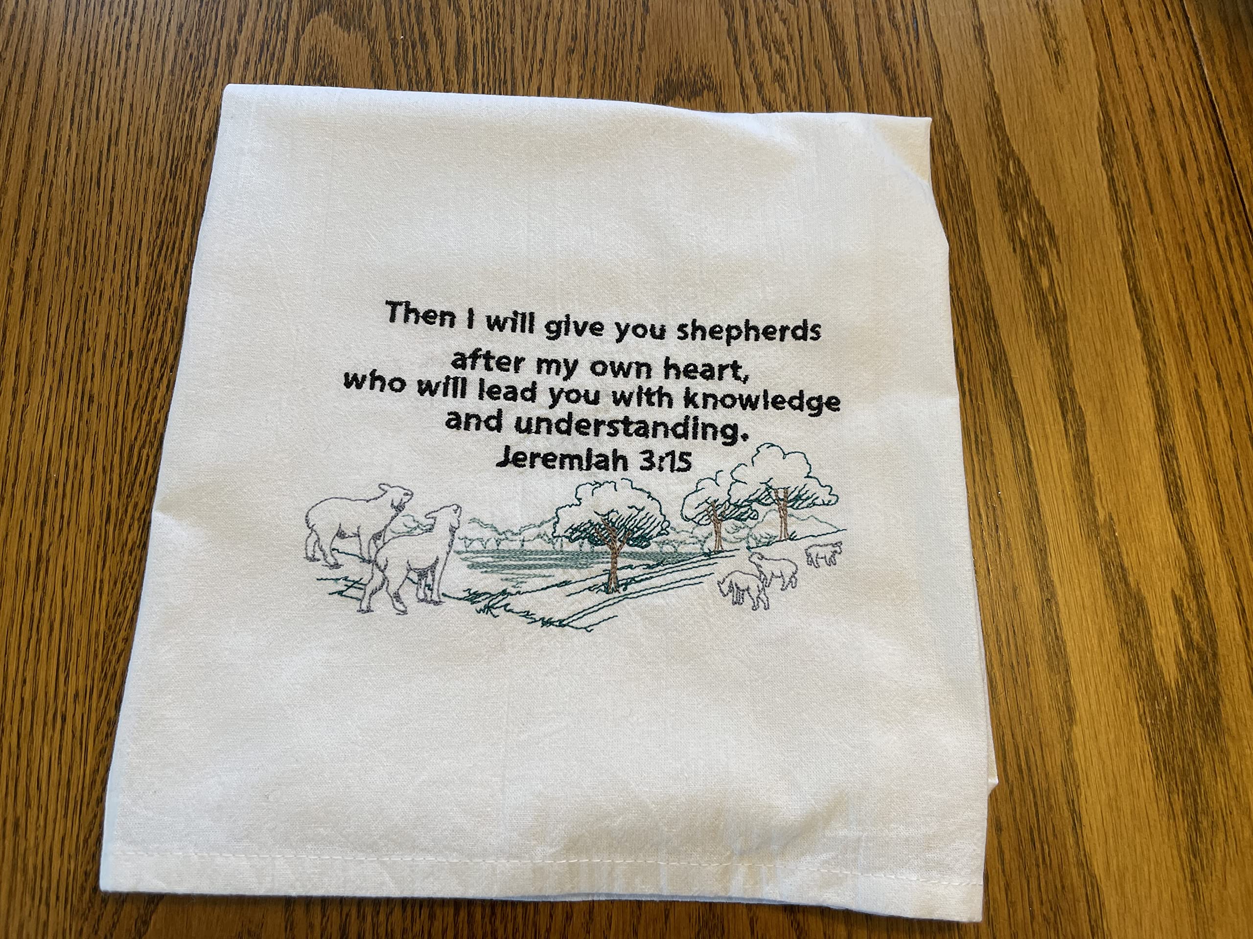 Embroidered flour sack tea towel, Jeremiah Bible verse, shepherds, machine embroidery, pastor's gift, dish towel