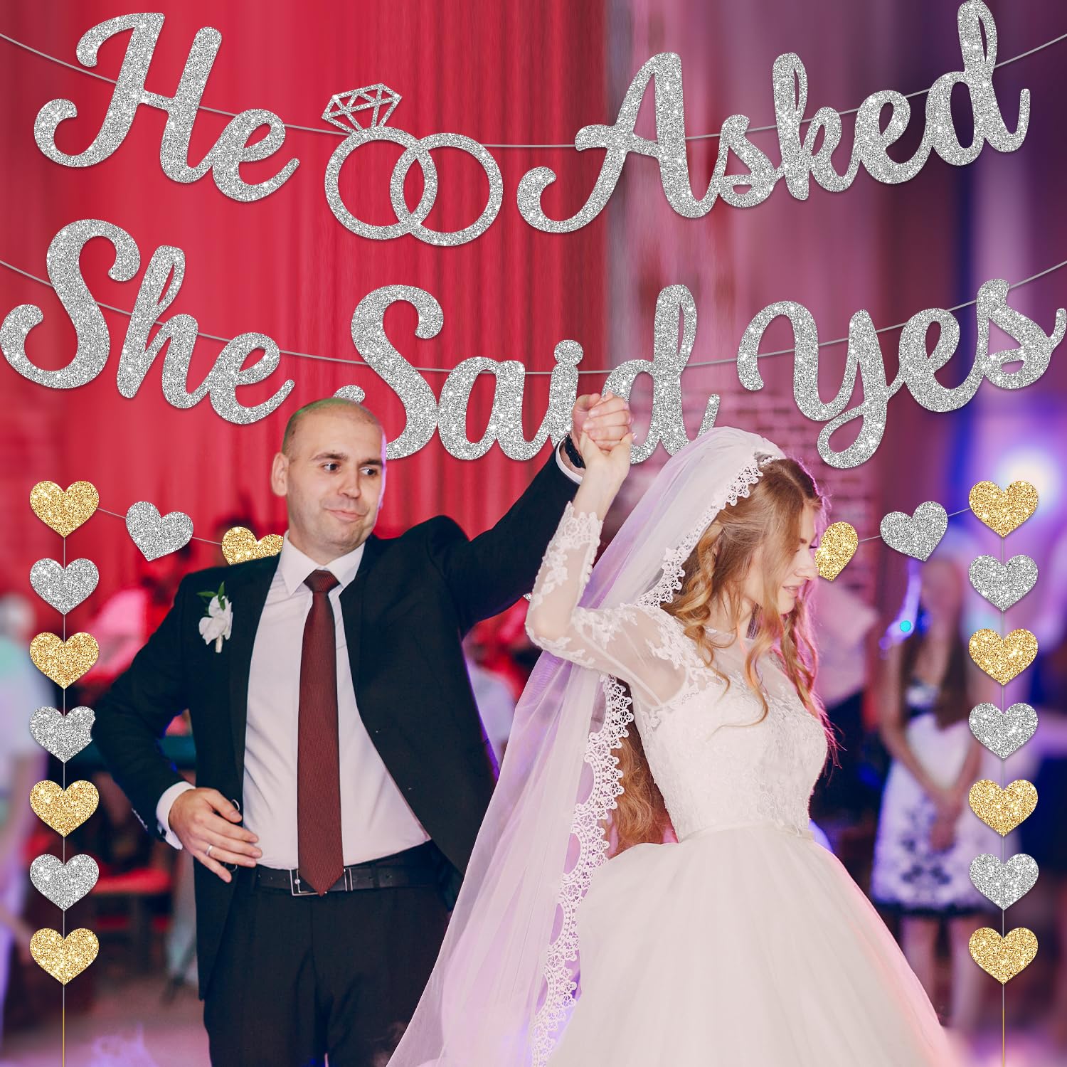 He Asked She Said Yes Banner Silver Glitter, No-DIY She Said Yes Decorations Banner with Heart Garland, Engagement Party Decorations Silver for Wedding Engagement Bridal Shower Party Decorations